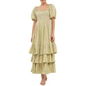 English Factory Gingham Stripe Tiered Dress