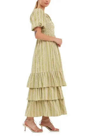 English Factory Gingham Stripe Tiered Dress