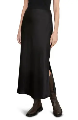 Vince Side Slit Matte Satin Slip Skirt Black