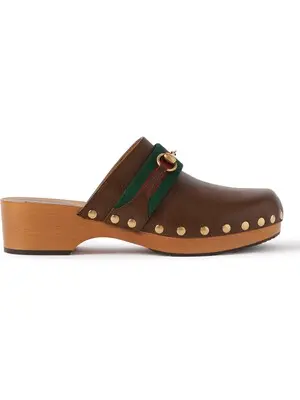 Gucci Horsebit Webbing-trimmed Leather Clogs
