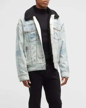 Balmain Men's Embossed Denim Jacket W/ Shearling Collar - Light Blue
