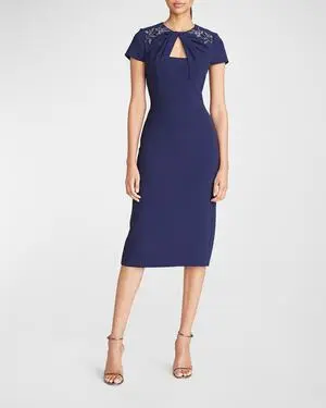 Theia Ivanna Keyhole Beaded Midi Cocktail Dress - Navy