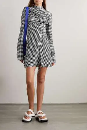MARQUES' ALMEIDA Ruched Houndstooth Cotton Turtleneck Mini Dress