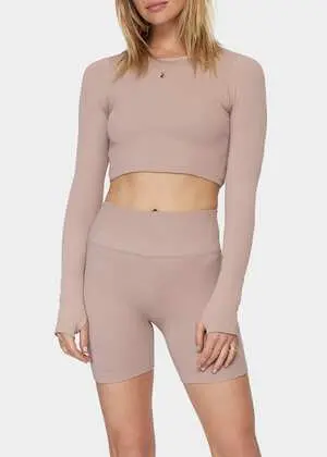 Spiritual Gangster Serene Seamless Twist-Back Long-Sleeve Top Rose Taupe