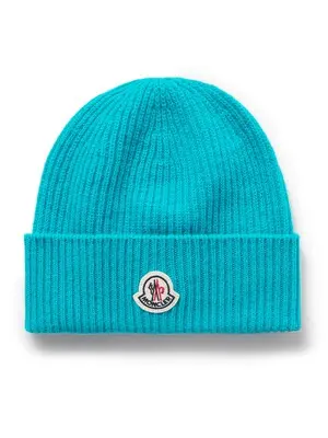 Moncler Appliquéd Ribbed Virgin Wool And Cashmere-blend Beanie - Blue