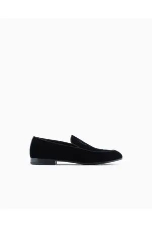 Giorgio Armani Velvet Loafers With Embroidered Logo - Navy