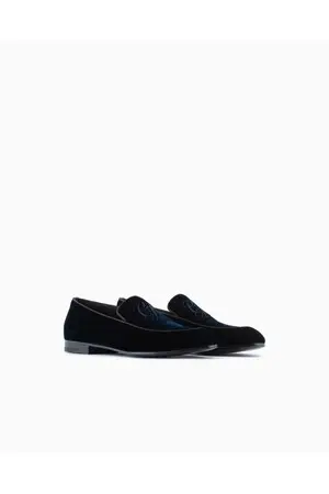 Giorgio Armani Velvet Loafers With Embroidered Logo - Navy