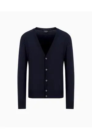 Emporio Armani Plain-knit Virgin Wool V-neck Cardigan - Navy