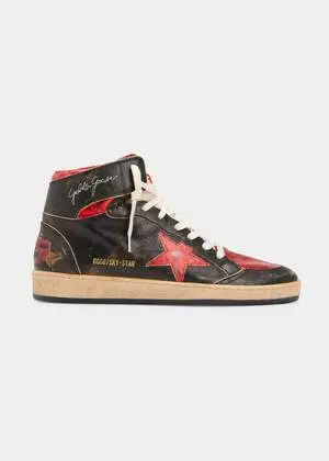 GOLDEN GOOSE Men's Sky-Star Distressed Leather High-Top Sneakers Black/red