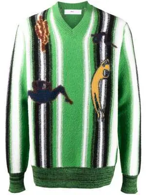 TOGA VIRILIS Graphic-print V-neck Jumper - Green