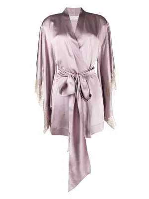 Carine Gilson Lace-detail Belted Silk Robe - Pink