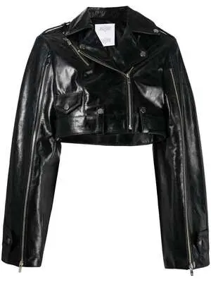 Rokh Cropped Leather Biker Jacket - Black
