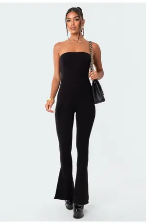 EDIKTED Melina Side Slit Strapless Flare Jumpsuit