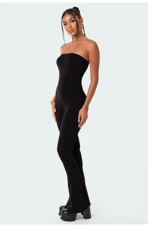EDIKTED Melina Side Slit Strapless Flare Jumpsuit