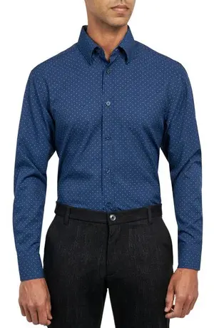 W.R.K Regular Fit Dot Print Performance Stretch Dress Shirt - Navy