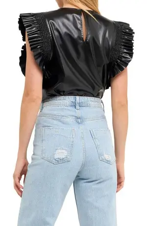 English Factory Faux Leather Ruffle Top