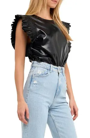English Factory Faux Leather Ruffle Top