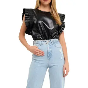 English Factory Faux Leather Ruffle Top - Black
