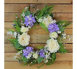 NORTHLIGHT Peony & Assorted Foliage Wreath Pur Ple & Cream
