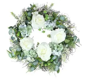 NORTHLIGHT Roses & Hydrangeas Flowers & Leaves Pring Wreath - One-color