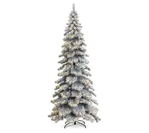 GLITZHOME 9' Prelit Flocked Layered Spruce Chri Stmas Tree - One-color
