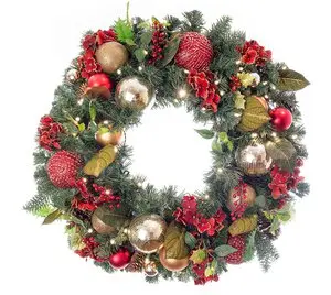 VILLAGE LIGHTING CO. Village Lighting 30' Prelit Led Wreath Scarle T Hydrangea - One-color