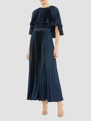 Mac Duggal Plissé Cape-sleeve Cocktail Dress - Midnight