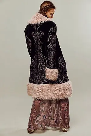 UNDERSTATED LEATHER Printed Velvet Coat With Faux Fur Trim