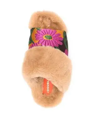 La DoubleJ Faux-fur Floral Slides - Neutrals