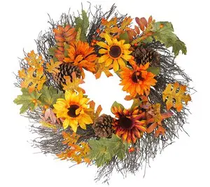 NORTHLIGHT Sunflowers & Pine Cones Thanksgiving Wreath 24 - One-color