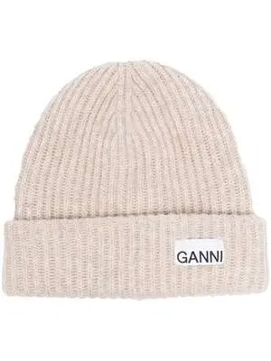 GANNI Logo-patch Ribbed Beanie - Neutrals