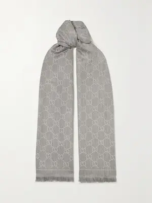 Gucci + Net Sustain Sten Reversible Fringed Organic Wool-jacquard Scarf Gray