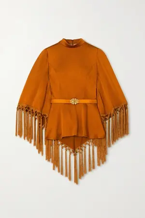 Andrew Gn Cape-effect Belted Tasseled Hammered-satin Blouse