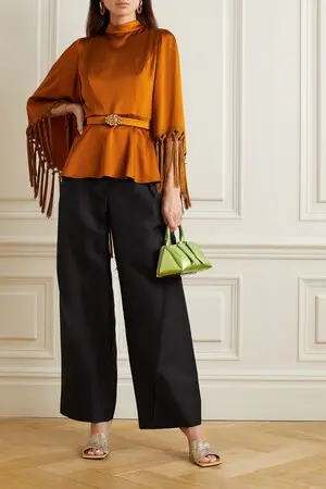 Andrew Gn Cape-effect Belted Tasseled Hammered-satin Blouse