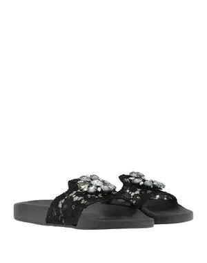 Dolce & Gabbana Viscose, Cotton, Polyamide Flat Sandals With Crystal Embellishments - Black