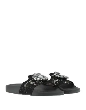 Dolce & Gabbana Viscose, Cotton, Polyamide Flat Sandals With Crystal Embellishments - Black