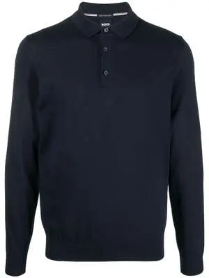 BOSS Knitted Polo Sweater In Virgin Wool - Blue