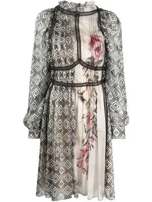 Alberta Ferretti Geometric And Floral Print Long Sleeve Dress
