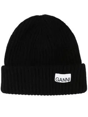 GANNI Logo-patch Ribbed-knit Beanie - Black