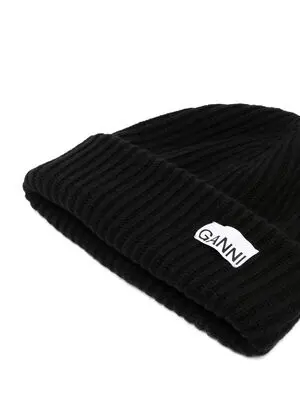 GANNI Logo-patch Ribbed-knit Beanie