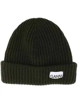 GANNI Logo-patch Ribbed-knit Beanie - Green