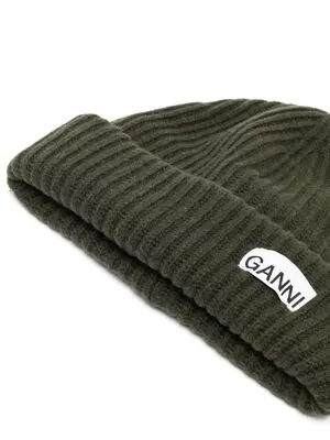 GANNI Logo-patch Ribbed-knit Beanie