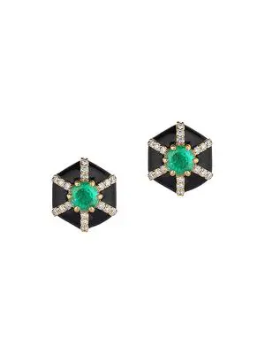 Goshwara Queen 18k Yellow Gold, Multi-gemstone, & Enamel Hexagonal Stud Earrings Yellow Gold