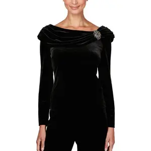Alex Evenings Ruched Neck Velvet Top - Black