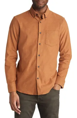 Nordstrom Tech-smart Trim Fit Stretch Flannel Button-down Shirt - Brown Nutmeg Ts Grindle
