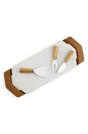 NAMBE Chevron Cheese Board With Three Serving Pieces - Brown