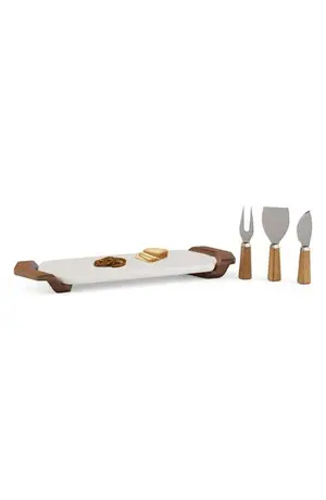 NAMBE Chevron Cheese Board With Three Serving Pieces - Brown