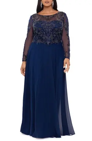 XSCAPE EVENINGS Long Sleeve Beaded Chiffon Gown