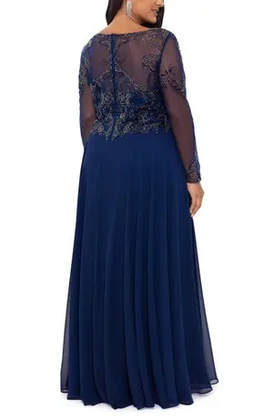 XSCAPE EVENINGS Long Sleeve Beaded Chiffon Gown