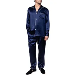 PETITE PLUME Piped Silk Pajamas - Navy